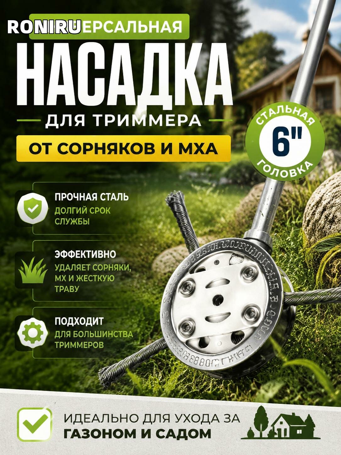 Универсальная насадка для триммера от сорняков и мха с 6-дюймовой стальной головкой — для ухода за газоном и садом