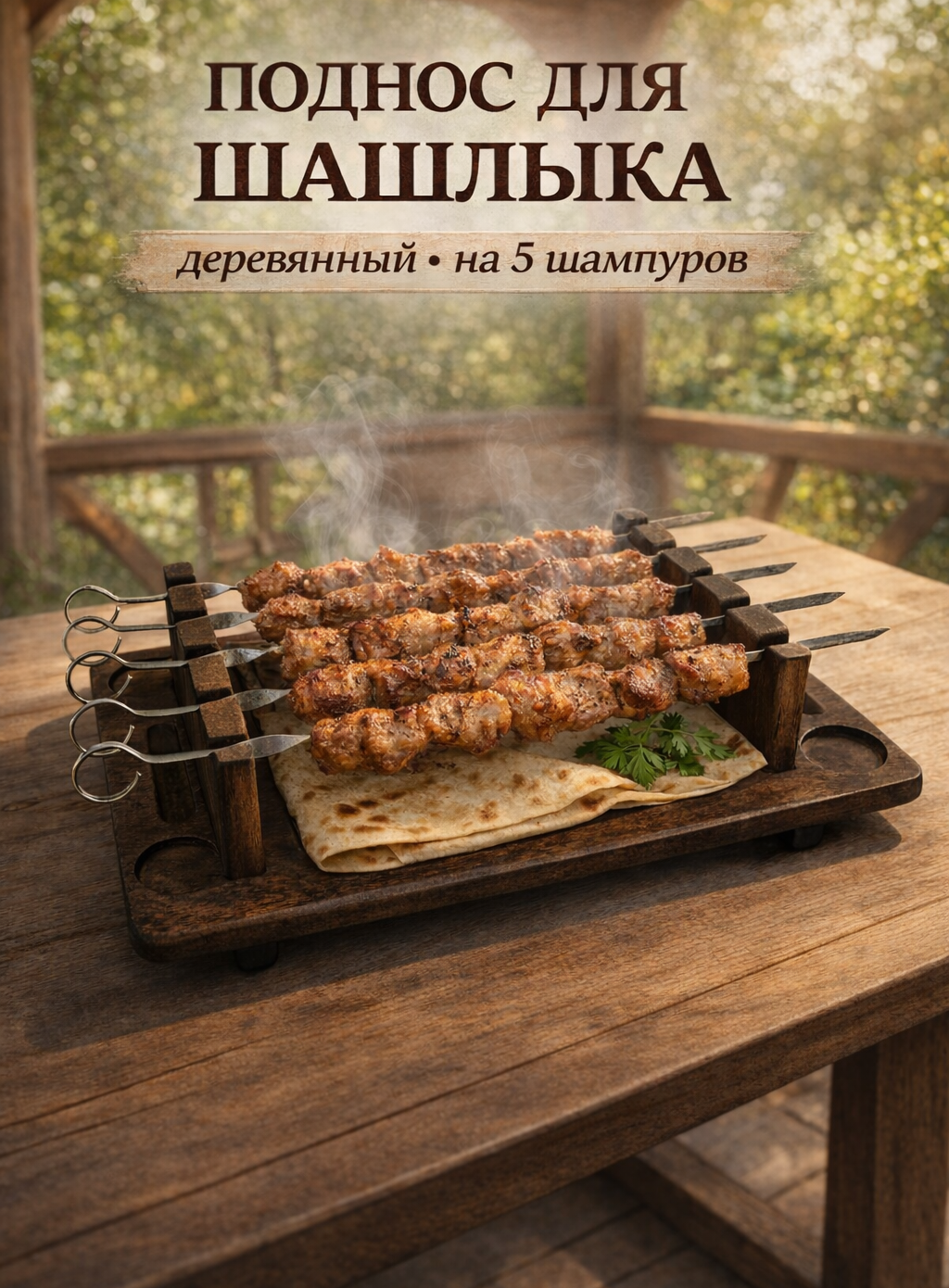 Поднос для подачи шашлыка деревянный, для стейков и мяса, красивая подача мяса