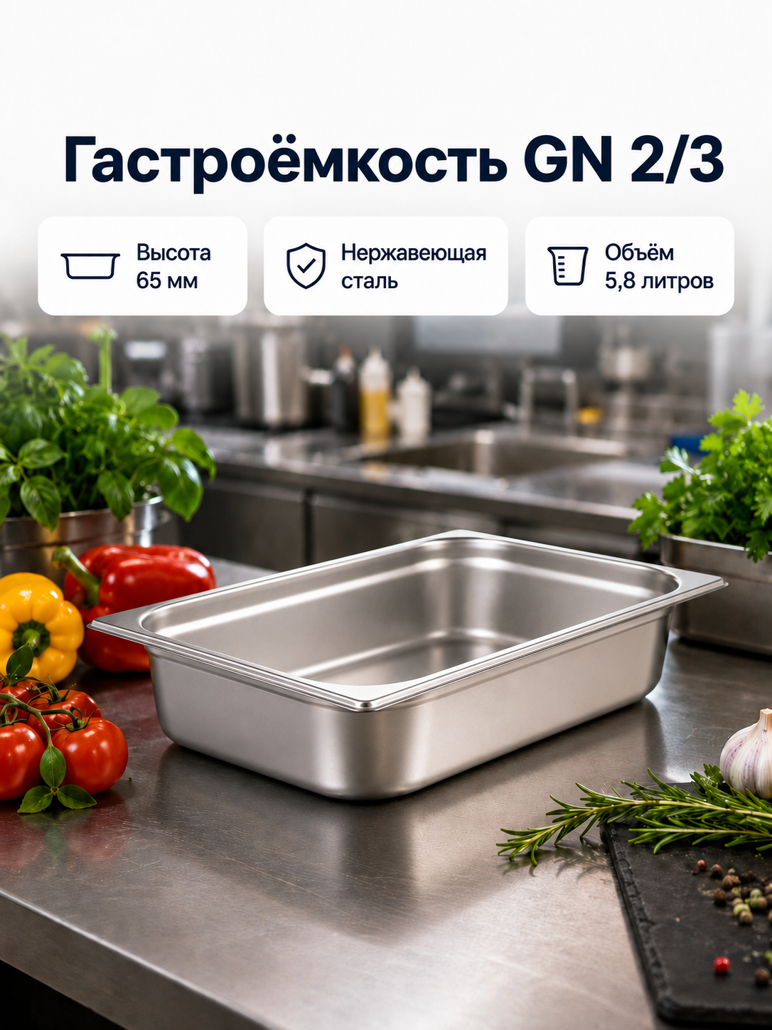 Гастроемкость Blintz GN 2/3-65, нержавеющая сталь, серая, 35,4 см x 32,5 см x 6,5 см