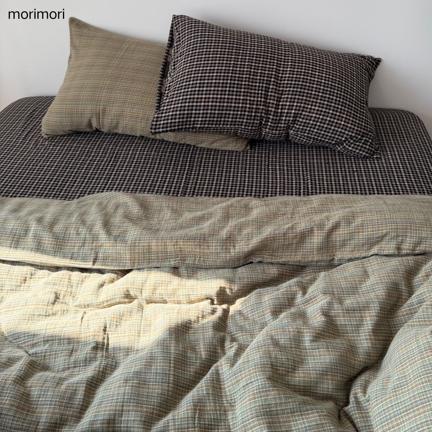 Morimori 100% хлопок, толстая двойная шелковая ткань, бирюзовый клетчатый комплект с пришитыми подушками, 200x230 см,