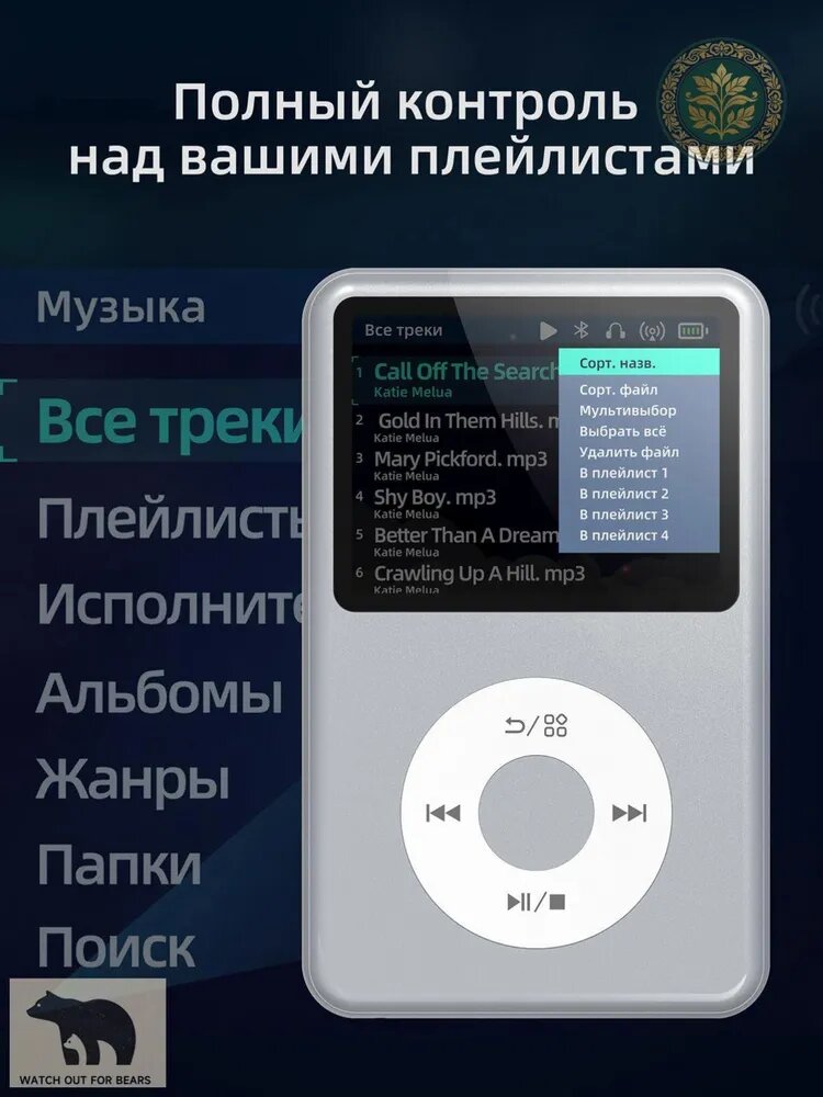 MP3-плеер INNIOASIS Y1 128 ГБ, Hi-Fi, FM-радио, Bluetooth, 2.4-дюймовый экран, серый — фото 1