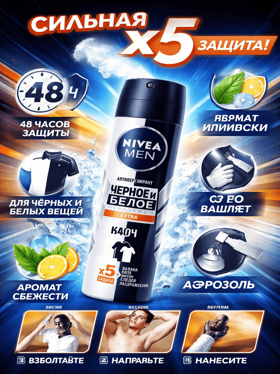 Антиперспирант-спрей Nivea Men Черное и белое Невидимый Extra, 150мл