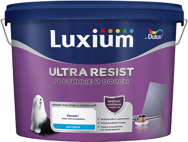 Краска Гостиные и Офисы Luxium Dulux Ultra Resist 2.5л для Стен и Потолков, Износостойкая, Белая / Люксиум.