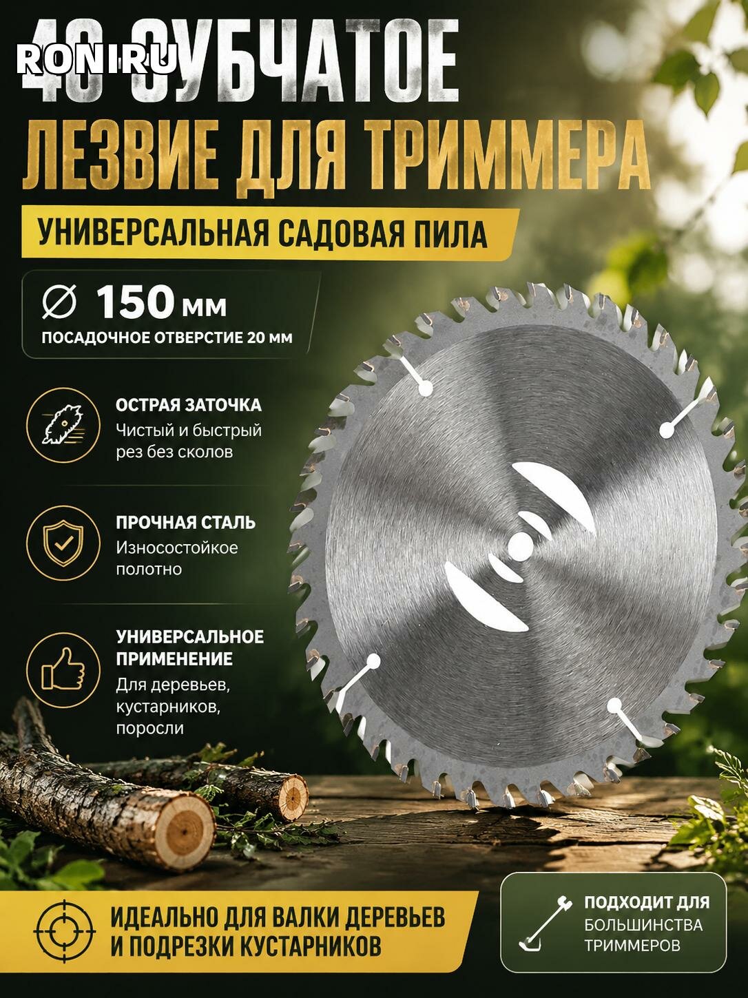 40-зубчатое лезвие для триммера 150 мм — садовая пила для валки деревьев и подрезки кустарников, универсально.