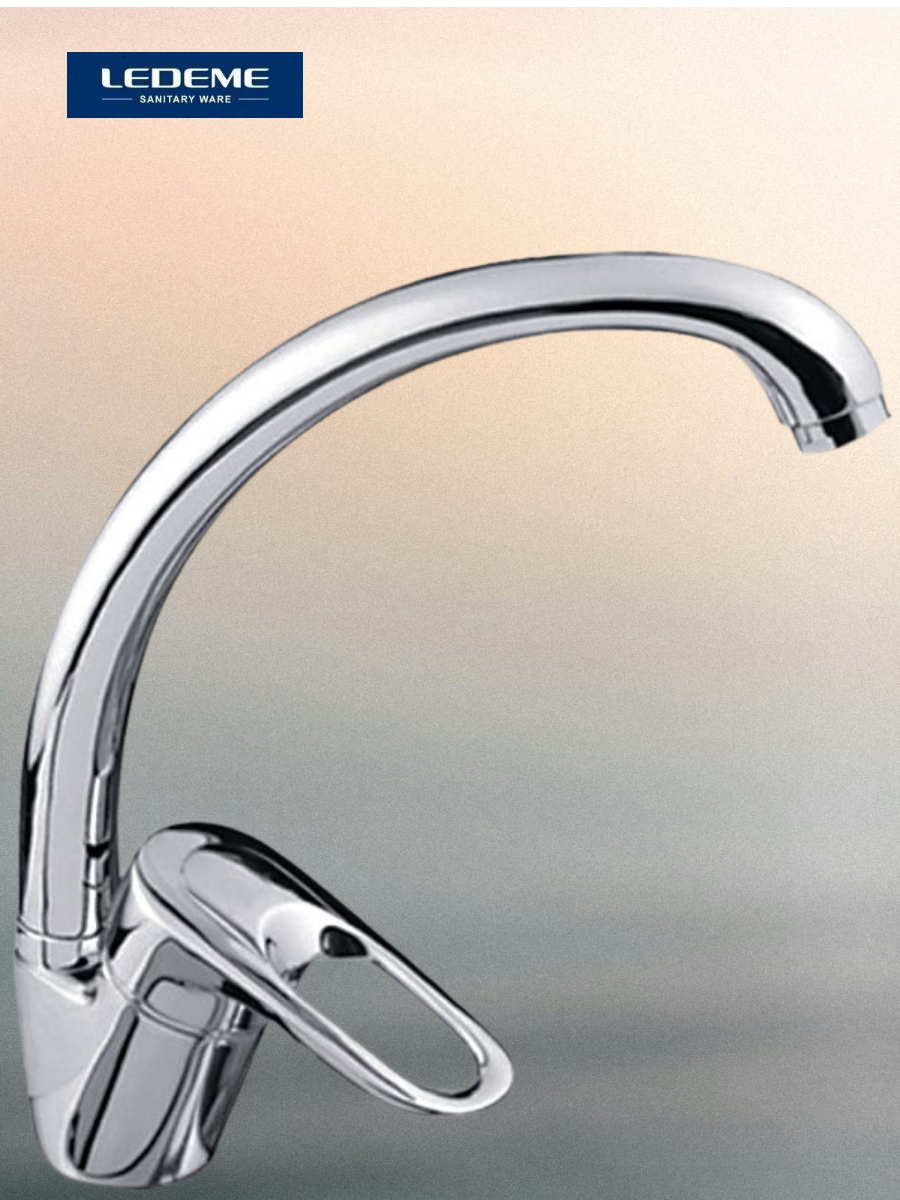 Смеситель для кухни Ledeme L4104 с высоким круглым изливом, латунь, хром, однорычажный