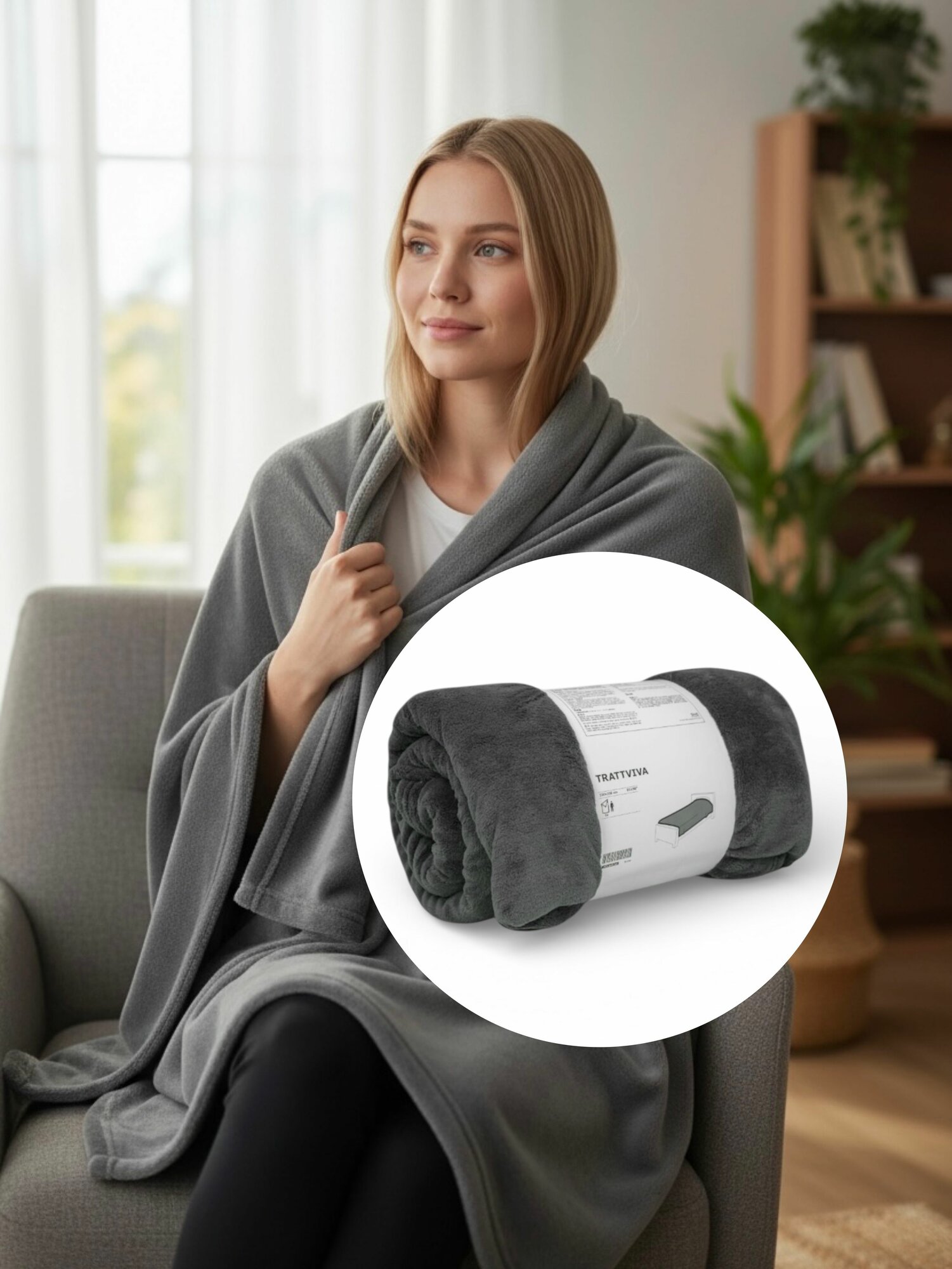 Плед NKEA TRATTVIVA 230x250 покрывало, графитовый серый, полиэстер, машинная стирка