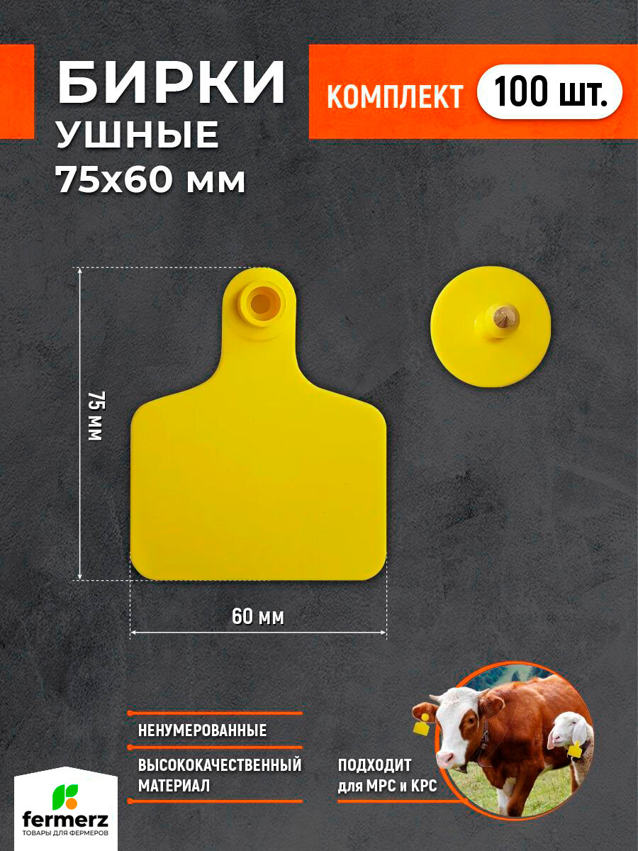 Бирки ушные ненумерованные, размер 75х60 мм. Комплект 100 шт.