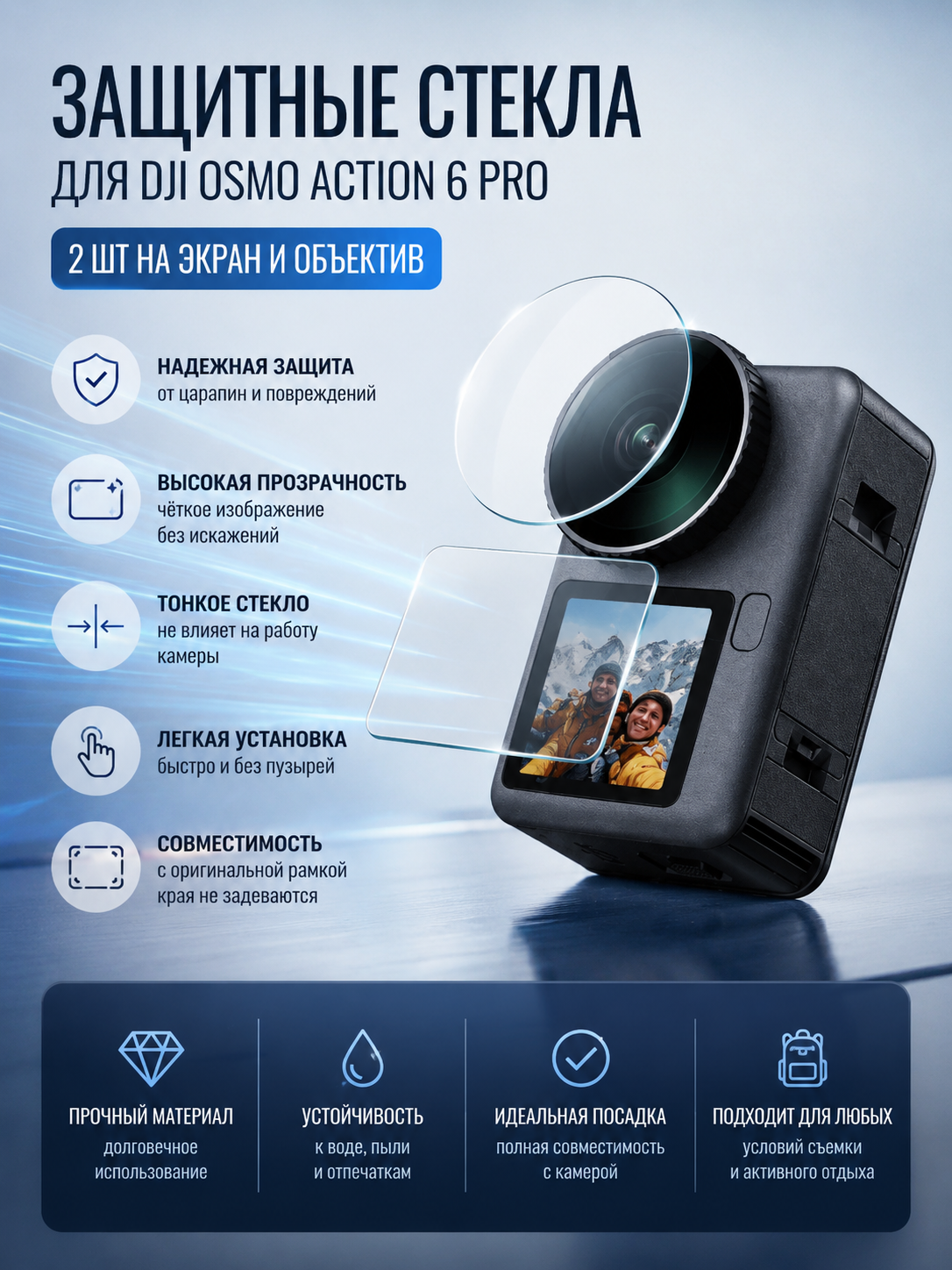 Защитное стекло, для экшн-камеры DJI Action 6 Pro, прозрачное