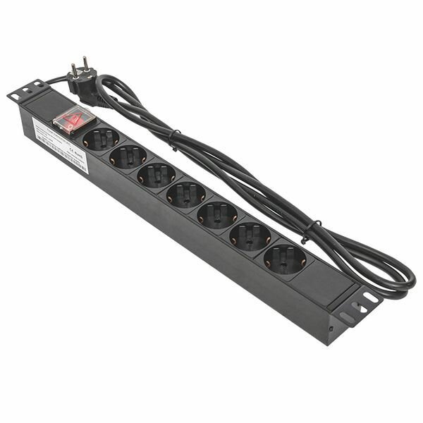 Блок PDU TERACOM 19дюйм 1U 16А/250В 7 роз. Schuko с выключат. шнур 2м 3х1.5кв. мм вилка Schuko корпус пластик черн. EKF TRC-HPD-LS-16A-7SH-2MSH