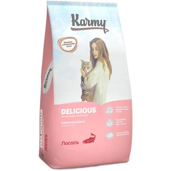 Корм сухой Karmy Delicious, полнорационный с лососем для кошек, привередливых в питании, старше 1 года, 10 кг