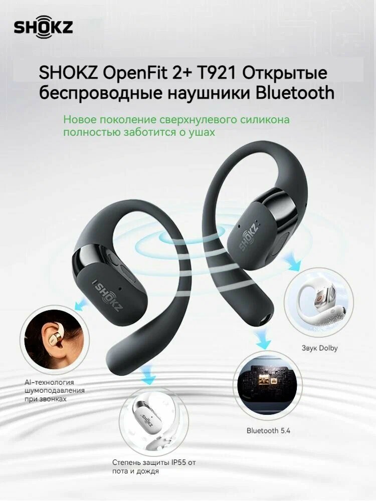 Беспроводные наушники Shokz OpenFit 2+(T921) с костной проводимостью, чёрный металл