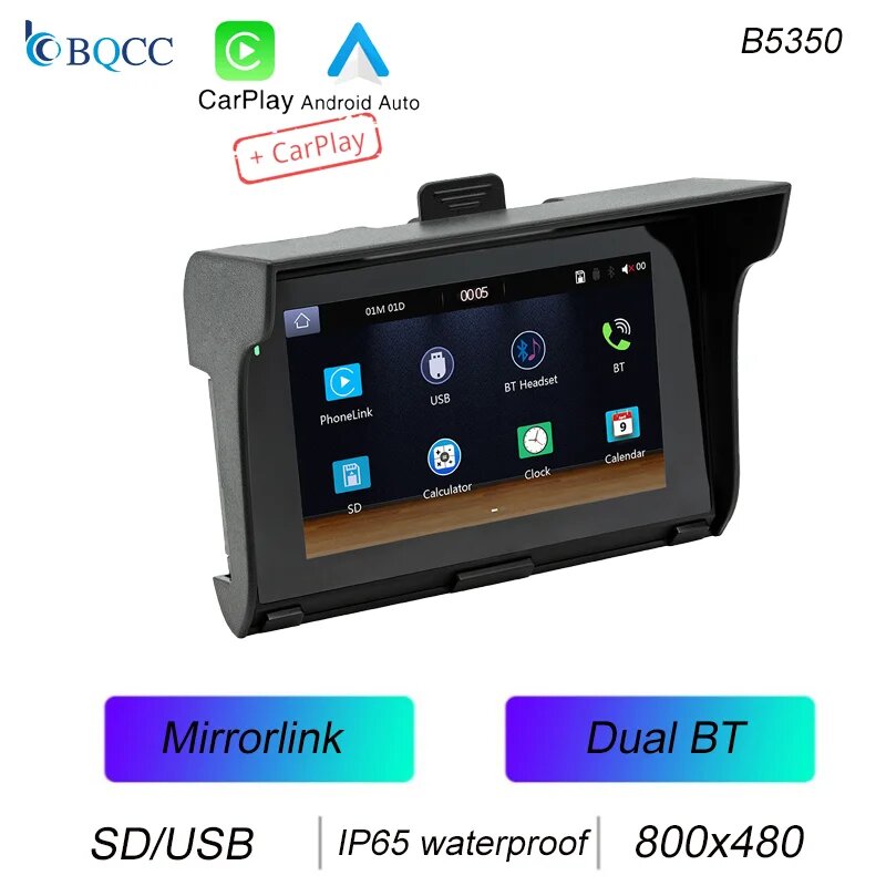 Портативный MP5-плеер BQCC B5350 5 Дюймов Для Мотоцикла, Беспроводной, С Android Auto, CarPlay, Mirrorlink