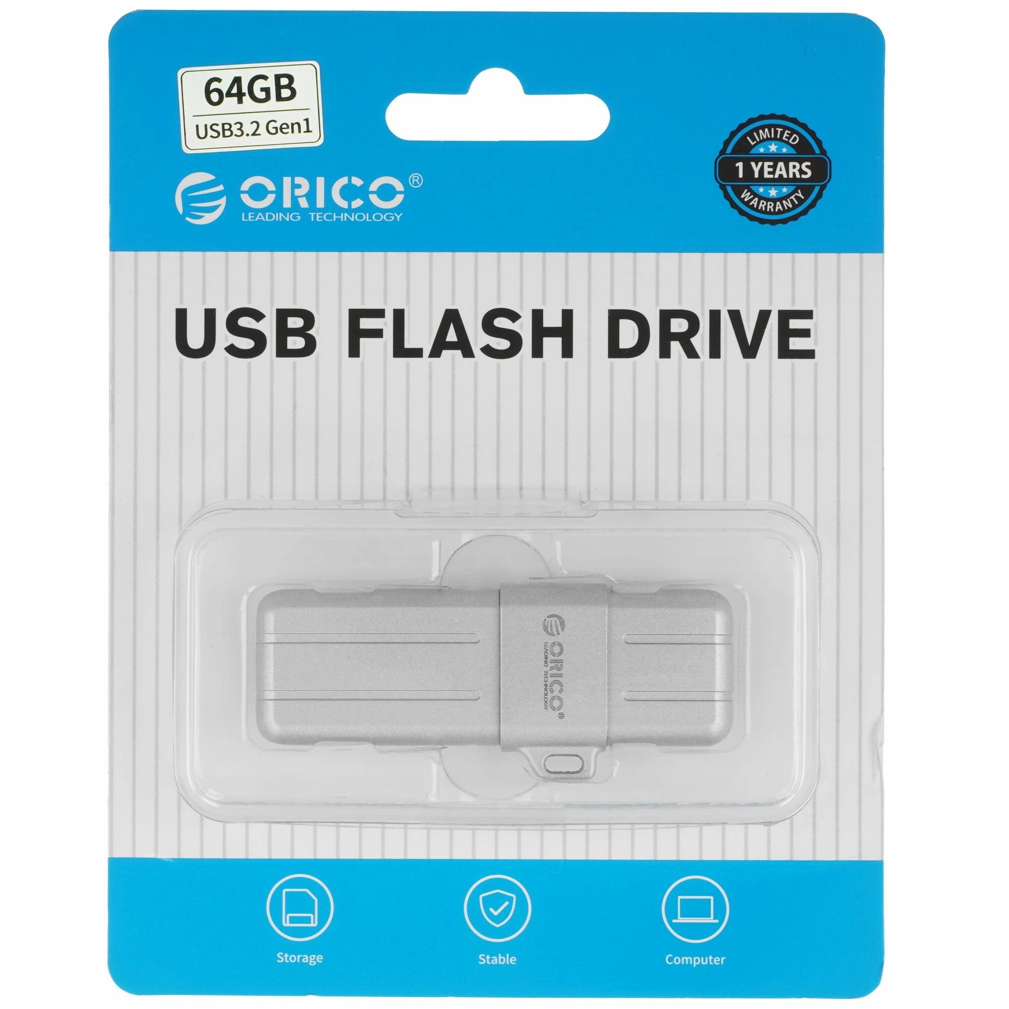 Память USB Flash 64 ГБ ORICO U3-X (ORICO-U3-X-A64G-SV-BP) - USB3.2, USB Type A, чтение до 100 МБ/с, запись до 45 МБ/с