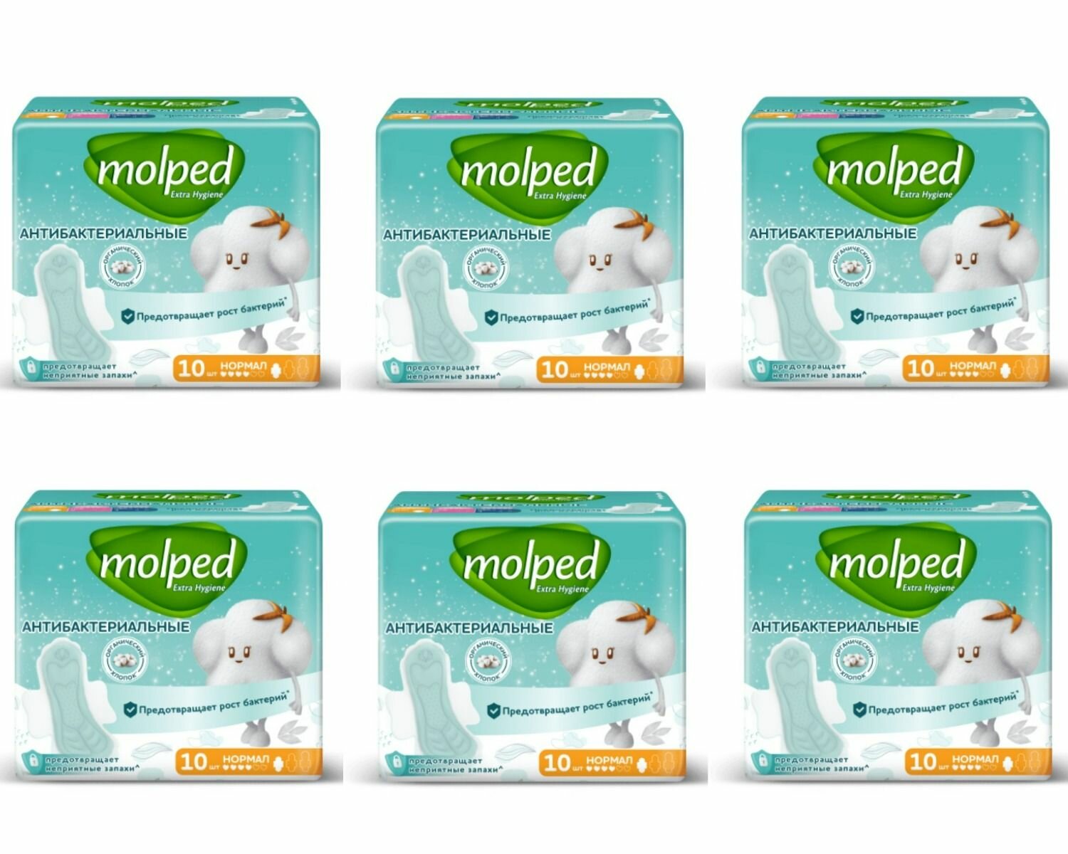 Molped Прокладки женские Гигиенические Antibakteriyel Normal, 10 шт в уп, 6 уп