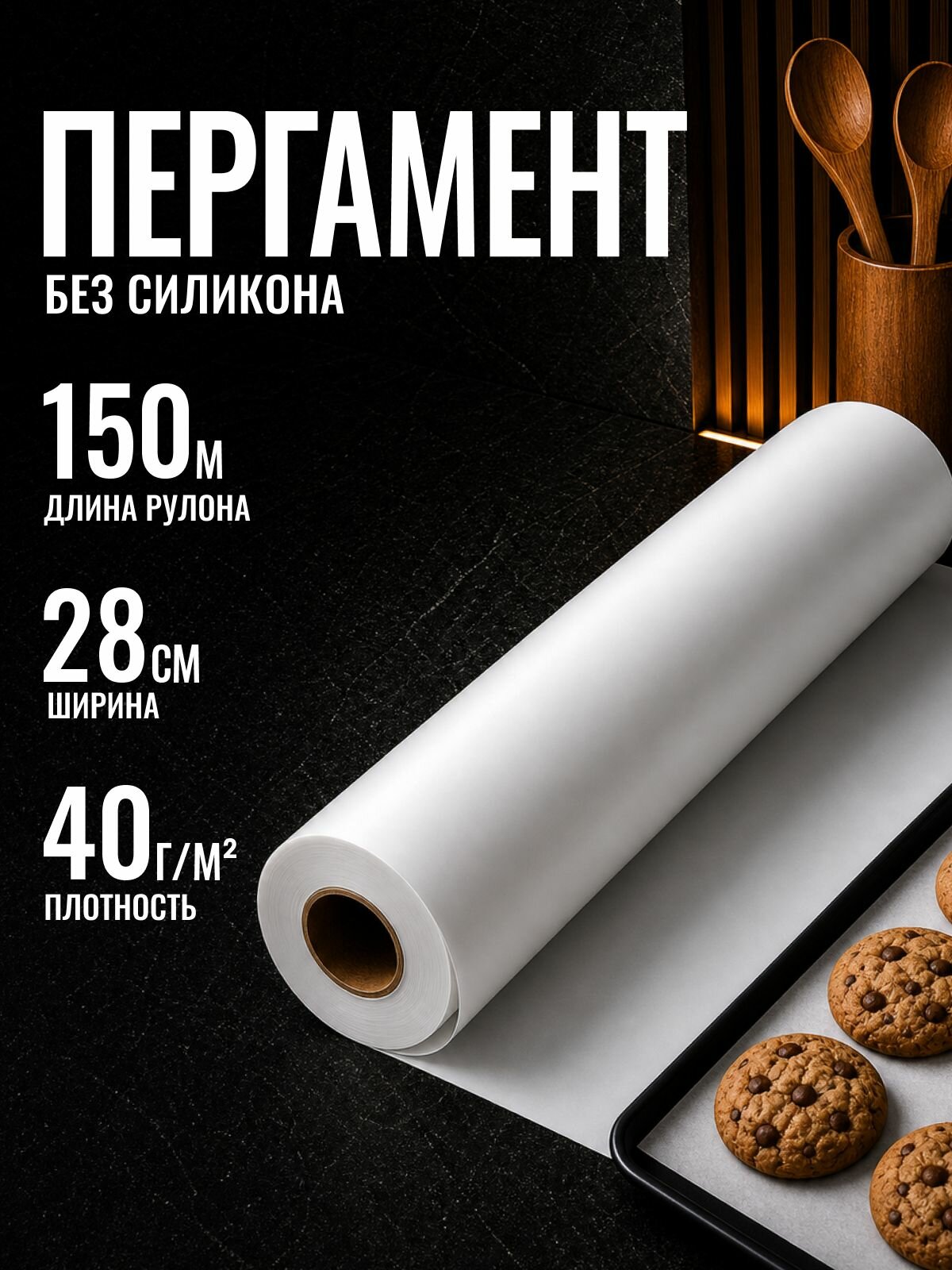Пергамент для выпечки без силикона белый 150м 28см