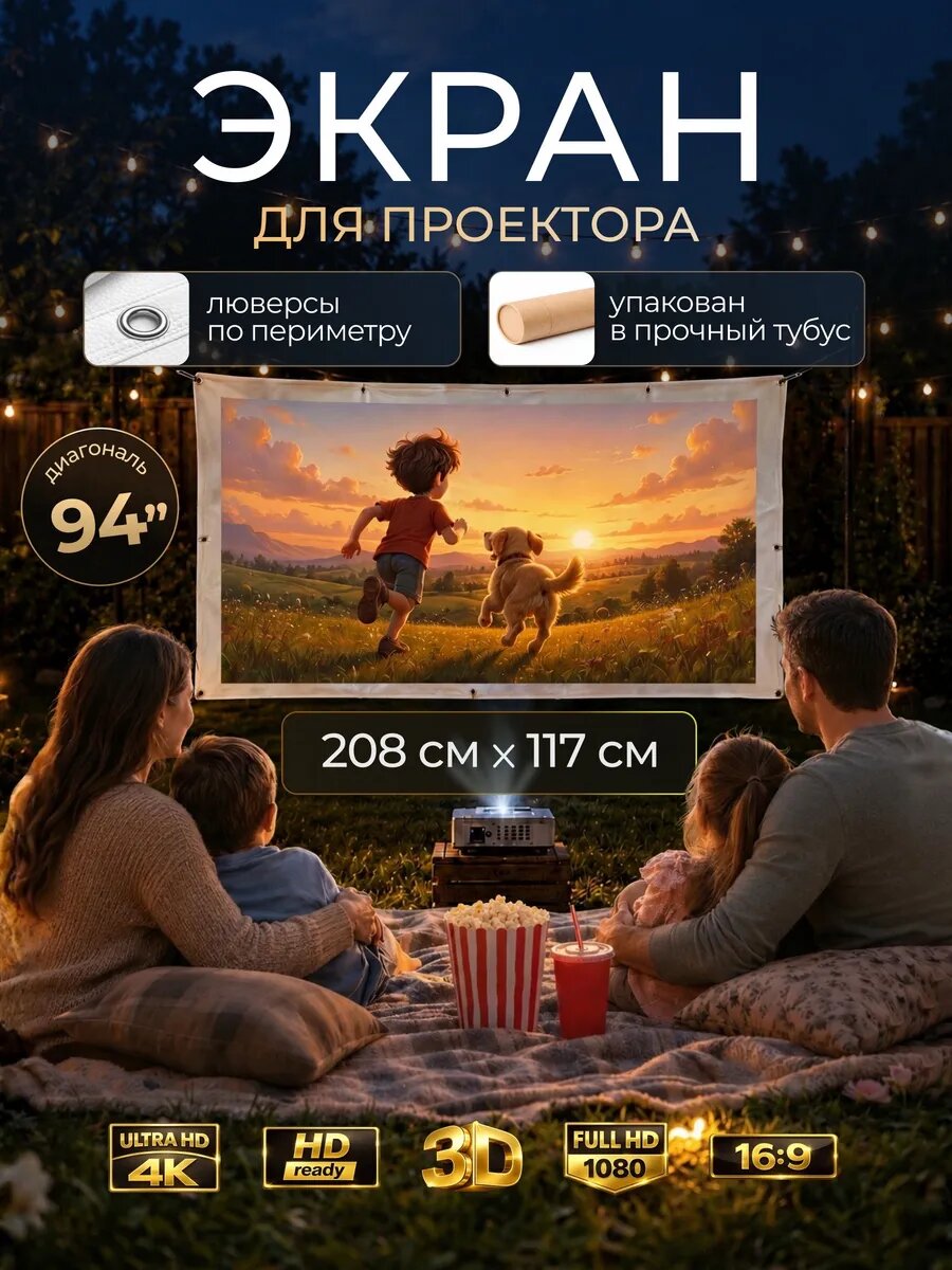 Экран для проектора на стену 208х117 см 94 дюйма
