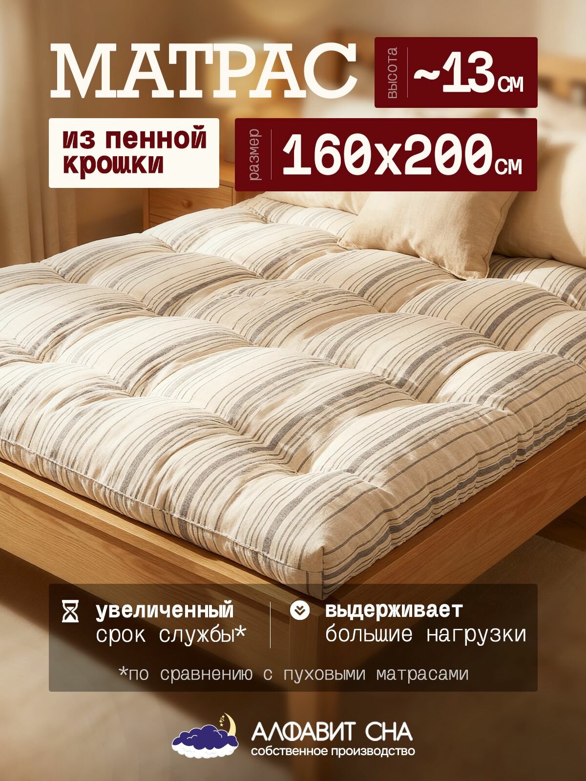 Матрас ватный ППУ беспружинный 160х200 см, двуспальный, тик