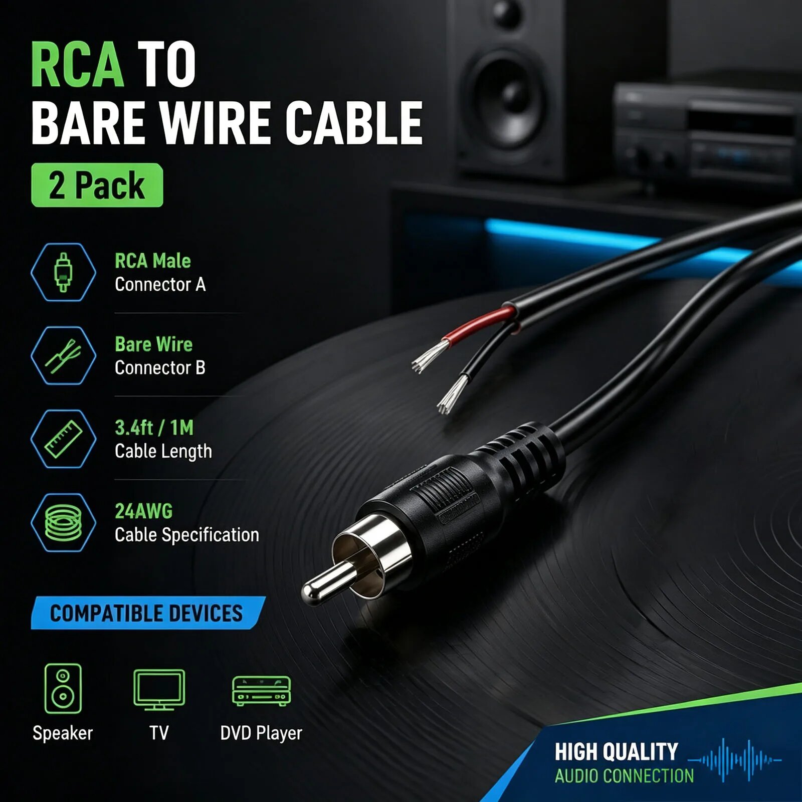 2 шт. 1 м штекер RCA для голого провода с открытым концом, косичка, аудиодинамик, сабвуфер, HDTV, кабель, инструмент для ремонта шнура для динамика, усилителя телевизора — фото 1