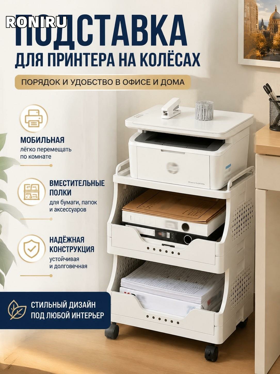 Напольная подставка для принтера на колёсах с полками для хранения, белый мобильный стол для дома и офиса