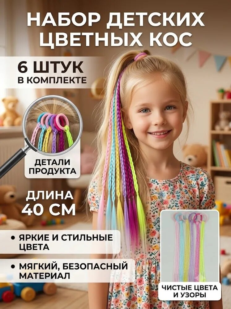 Канекалон на резинке с косичками, детские, цветные 40 см, набор 6 штук