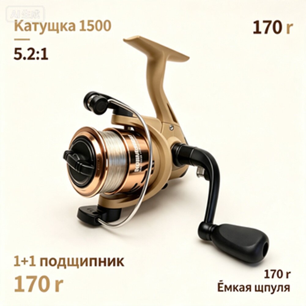 Катушка для спиннинга 150 пустынный бежевый, 1+1 подшипник, передаточное число 5.2:1, компактная рыбацкая снасть