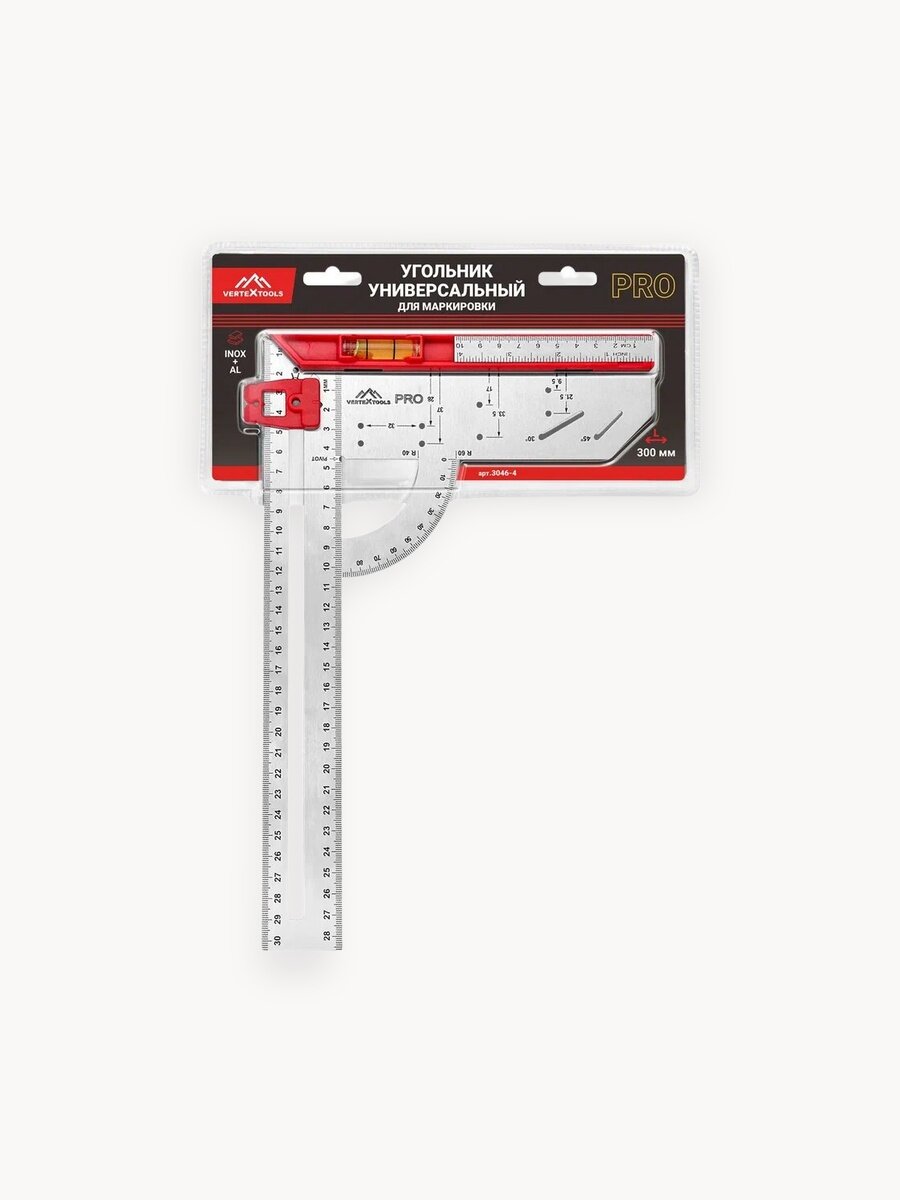 Линейка строительная разметочная VertexTools 300 мм. INOX+AL