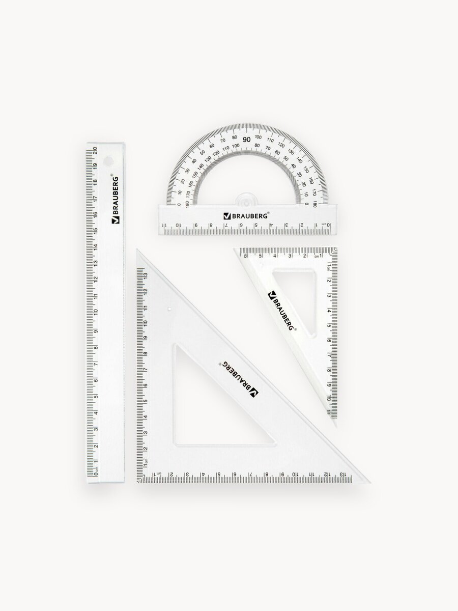 Набор линеек для школы, геометрии и черчения, линейка 20 см, 2 треугольника, транспортир, прозрачный, Brauberg, 210853