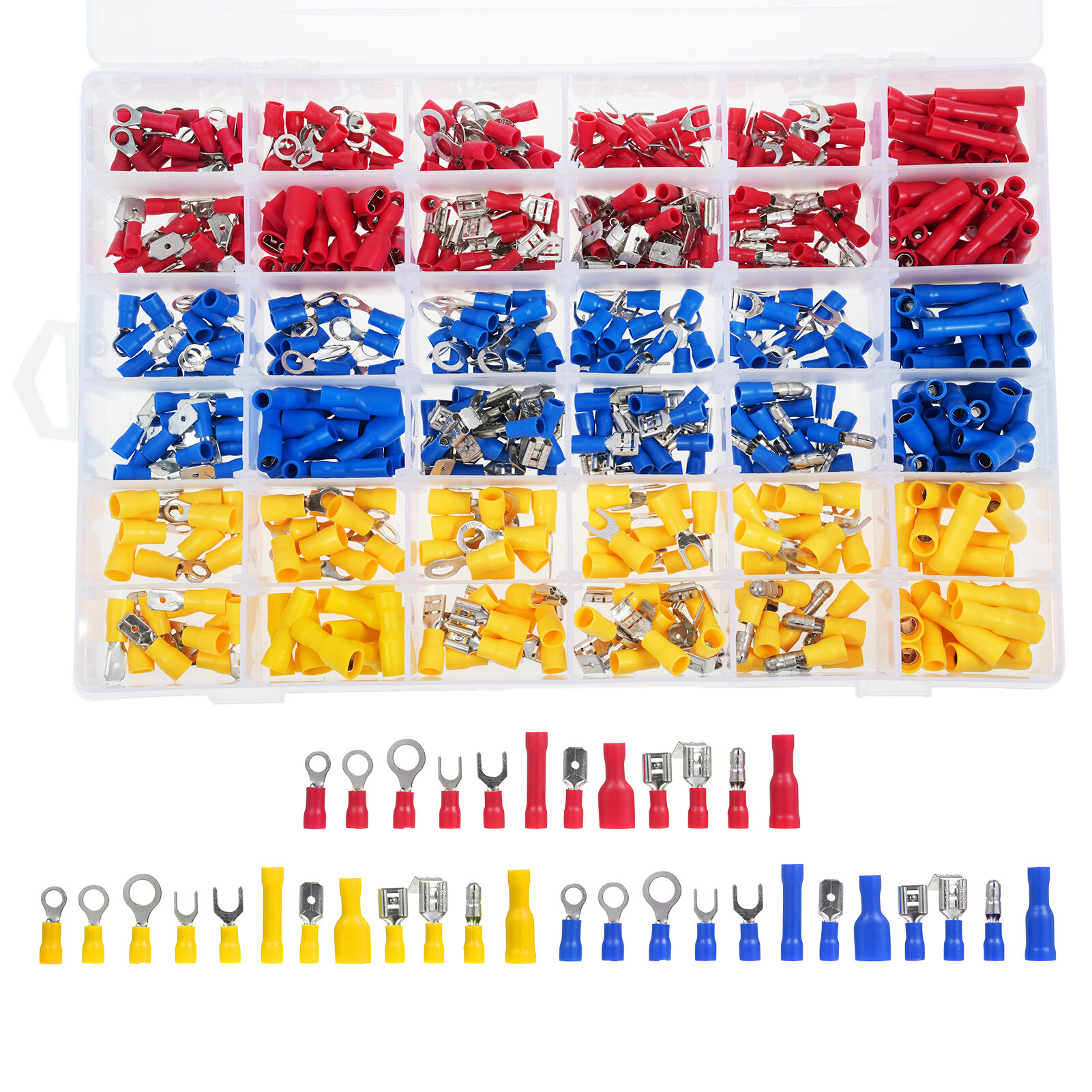 Набор холодных поджимных клемм 540 штук для электрических проводов, изолированные клещи для жгутов, смешанный ассортимент кольцевых, лопаточных, пулевидных, пигги-бек клемм и быстрых разъемов