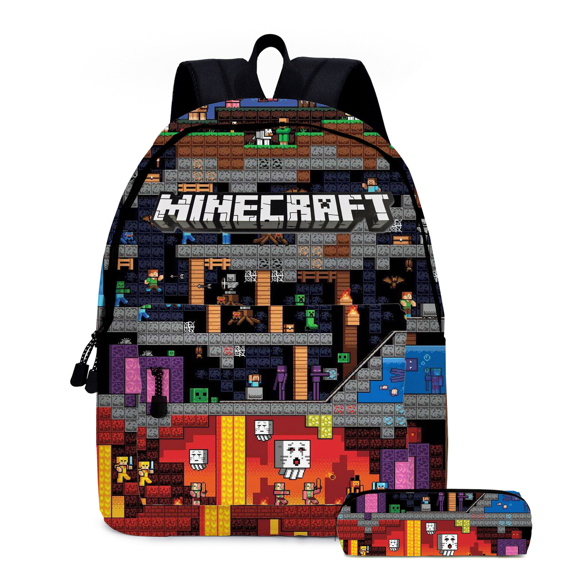 Рюкзак minecraft с пеналом фиолетово-красный пиксельный. 1 отделение