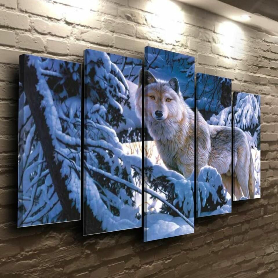 Modul007 Модульная картина из 5 модулей "Волк в зимнем лесу" 140х80 см для гостиной для спальни для комнаты для интерьера