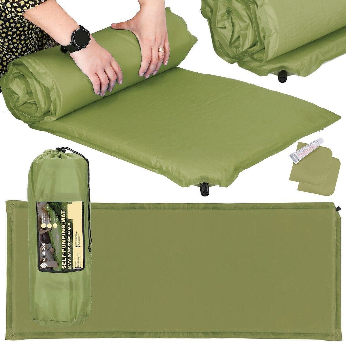 Decathlon Самонадувающийся коврик Springos с чехлом, 180x50x5 см, зеленый