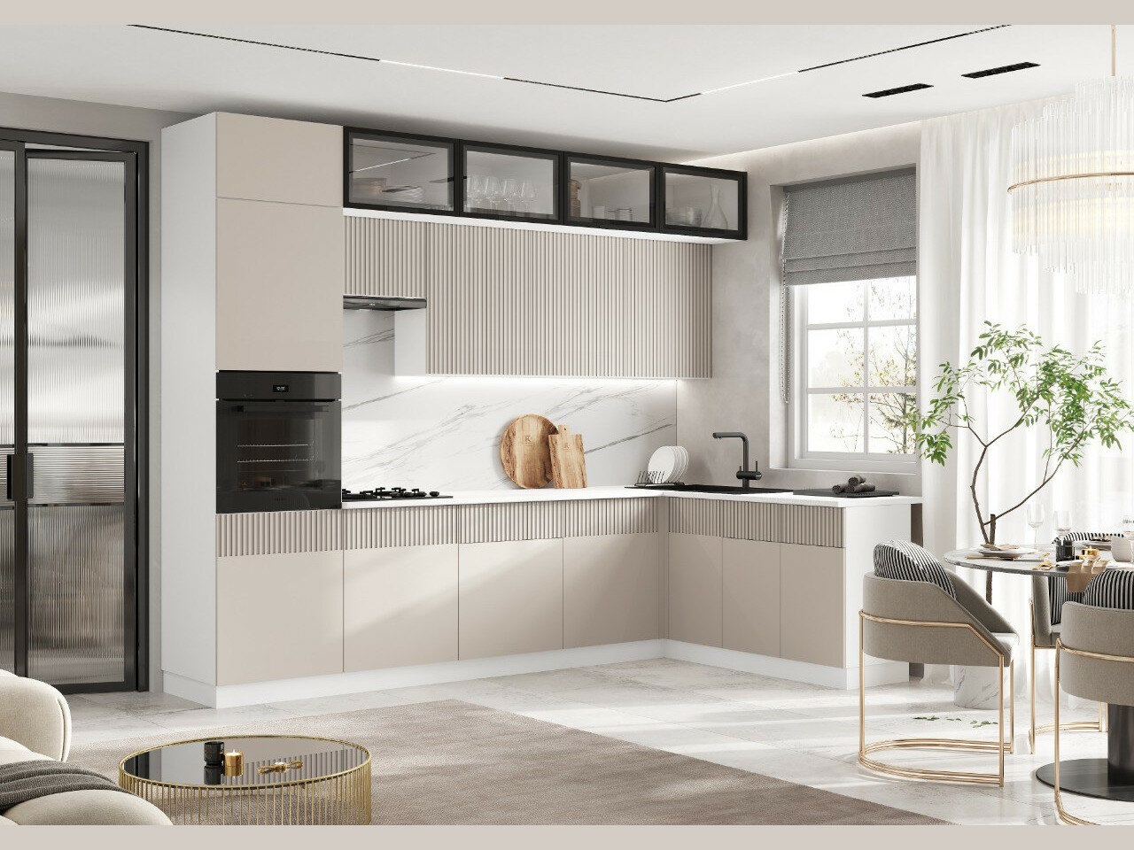 Кухонный гарнитур 3,0х1,8м с МДФ фасадами, Кашемир/Белый (Антарес)