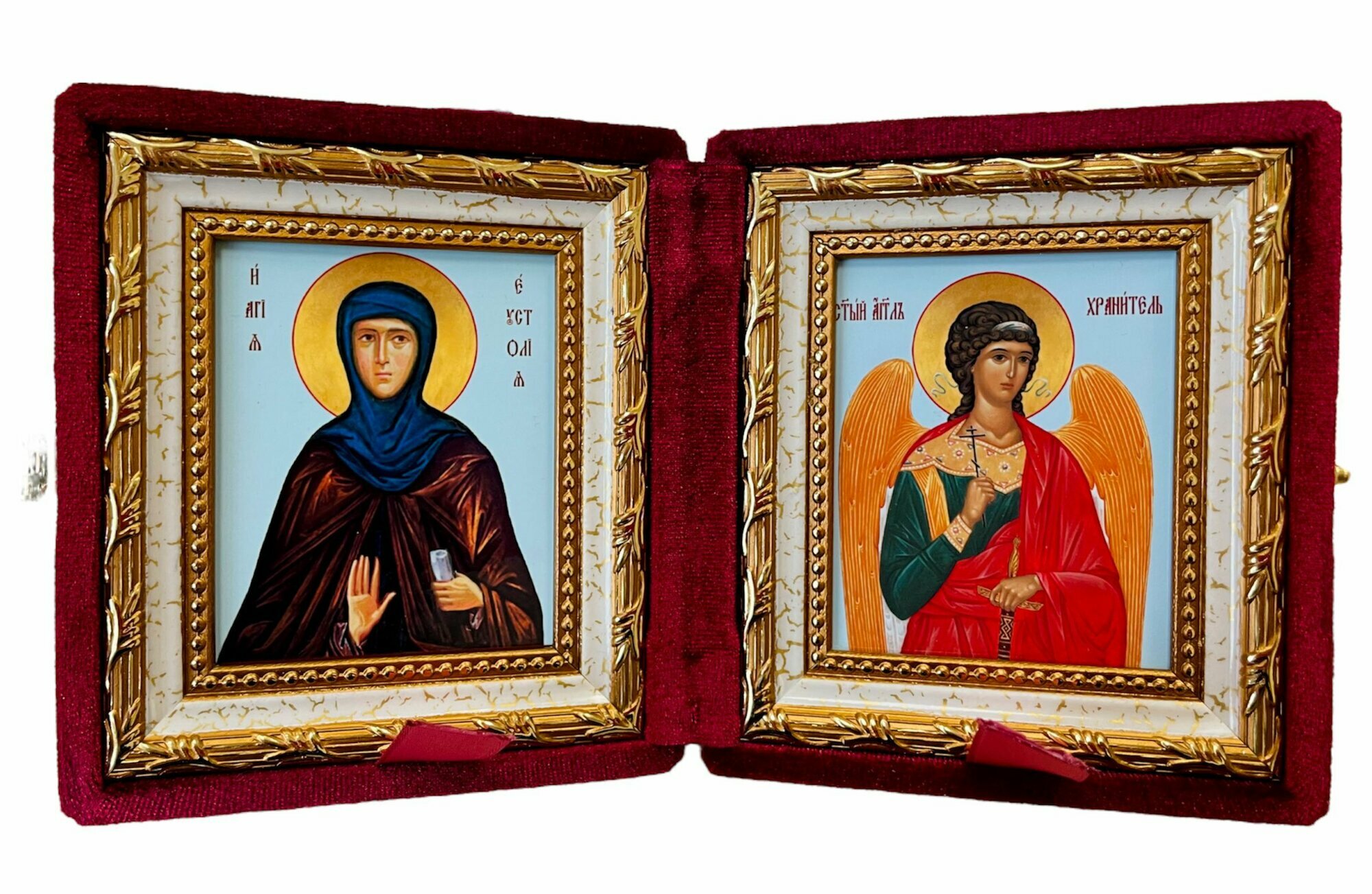 Икона Складень Евстолия Константинопольская, Преподобная и Ангел Хранитель в бархатном футляре, 10х11 см