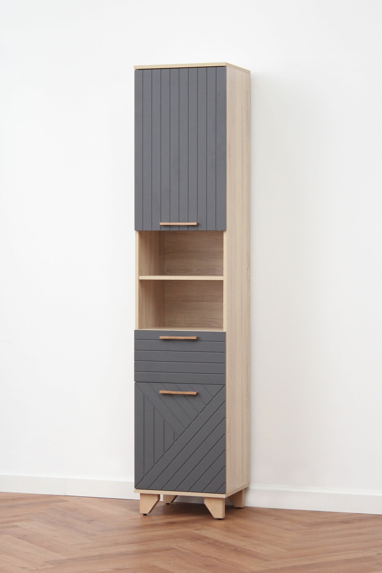 Шкаф пенал Копенгаген с нишей Дуб Сонома / Серый графит левый (12 Стульев)