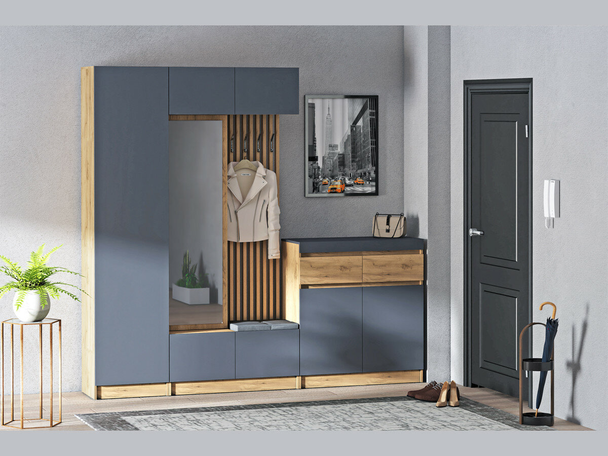 Модульная Прихожая, набор 3, с зеркалом, Дуб крафт золотой/Графит