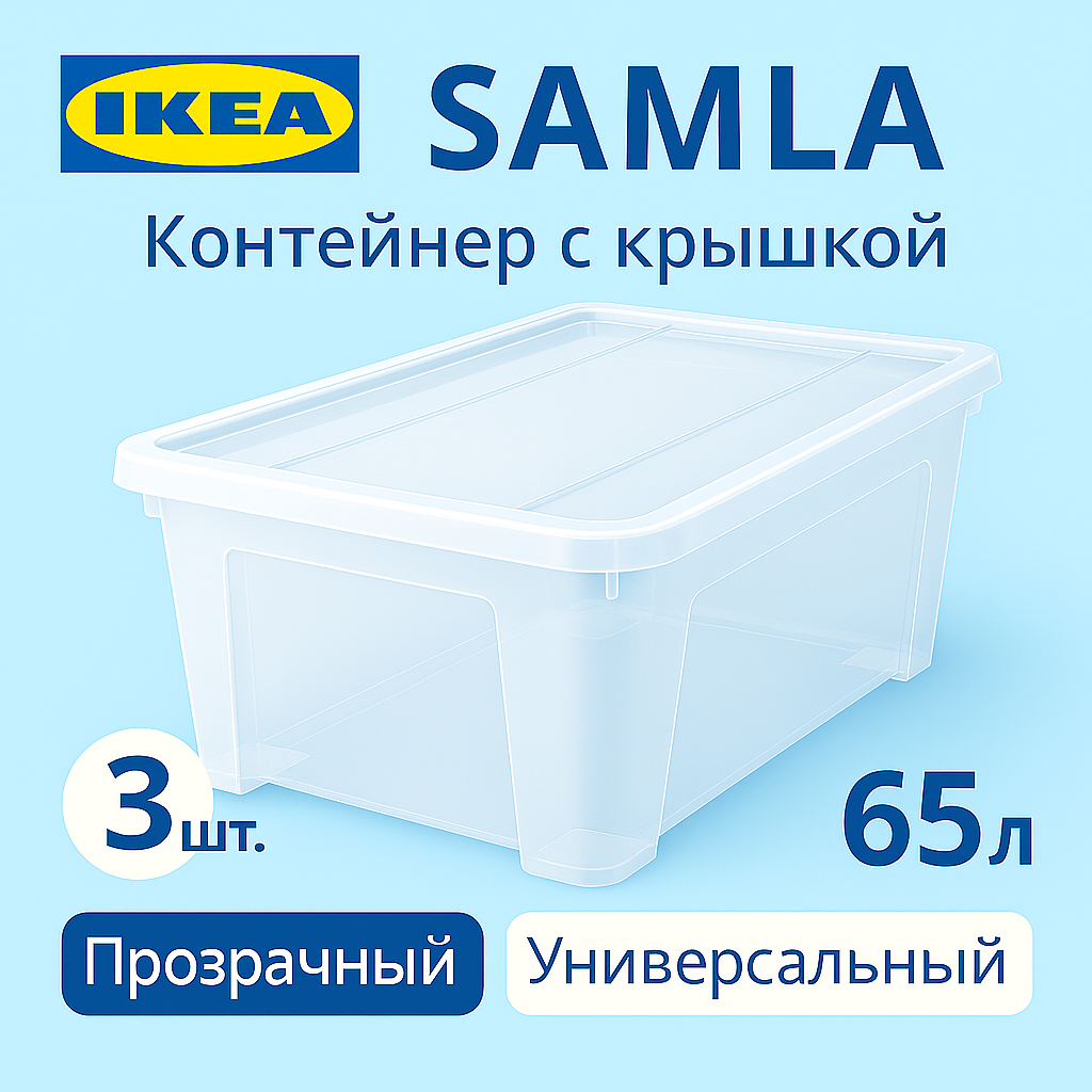 Контейнер с крышкой 65л, 57*39*28см, прозрачный. Икеа Самла, Ikea Samla 3 шт
