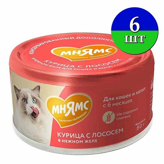 Влажный корм Мнямс "На каждый день" - Курица с лососем в нежном желе для кошек и котят старше 6 месяцев 80 г х 6 шт