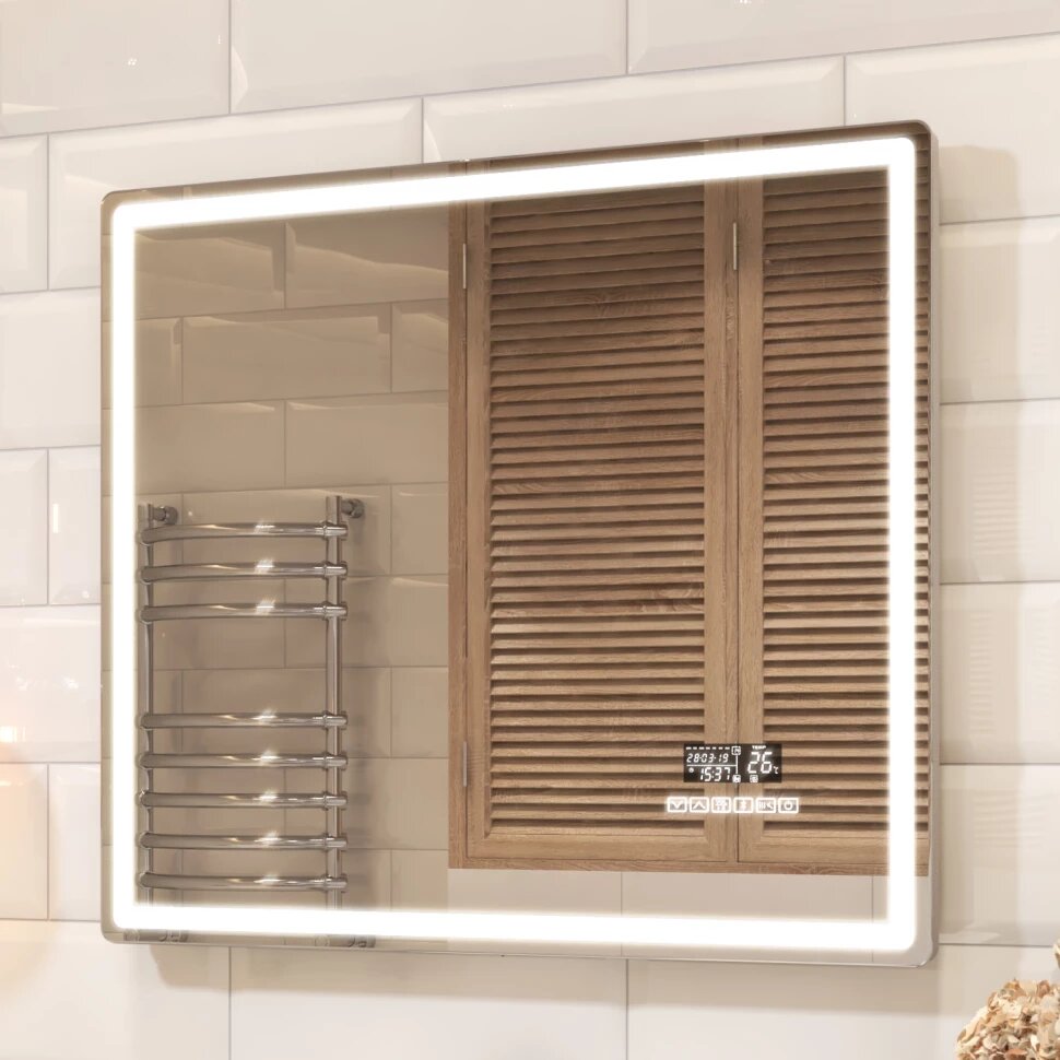 Зеркало Vigo Geometry Media Voice 048 79,4x70 см, с LED-подсветкой, сенсорным выключателем, антизапотеванием, часами