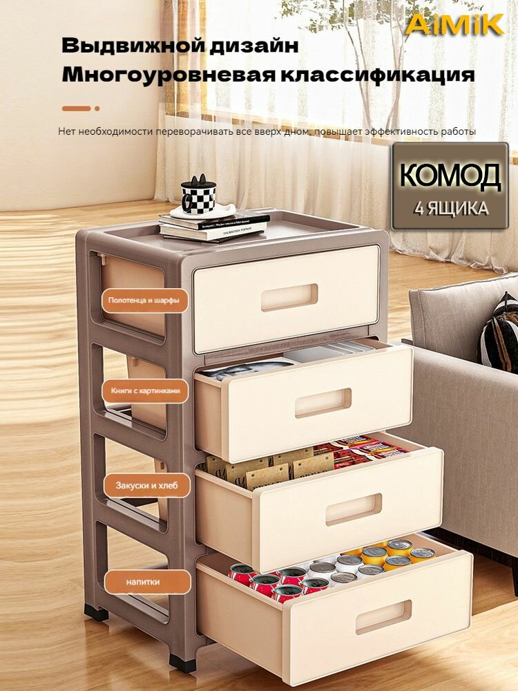 Комод для вещей пластиковый с выдвижными ящиками, на колесах, тумба органайзер для хранения,3 ящ8