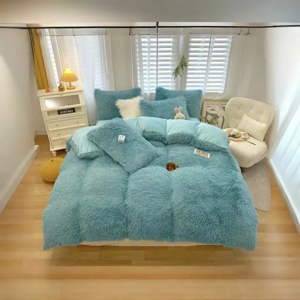 Постельное белье "Бирюзовый Красивый Цвет E768", евро, велюр искусственный, молния