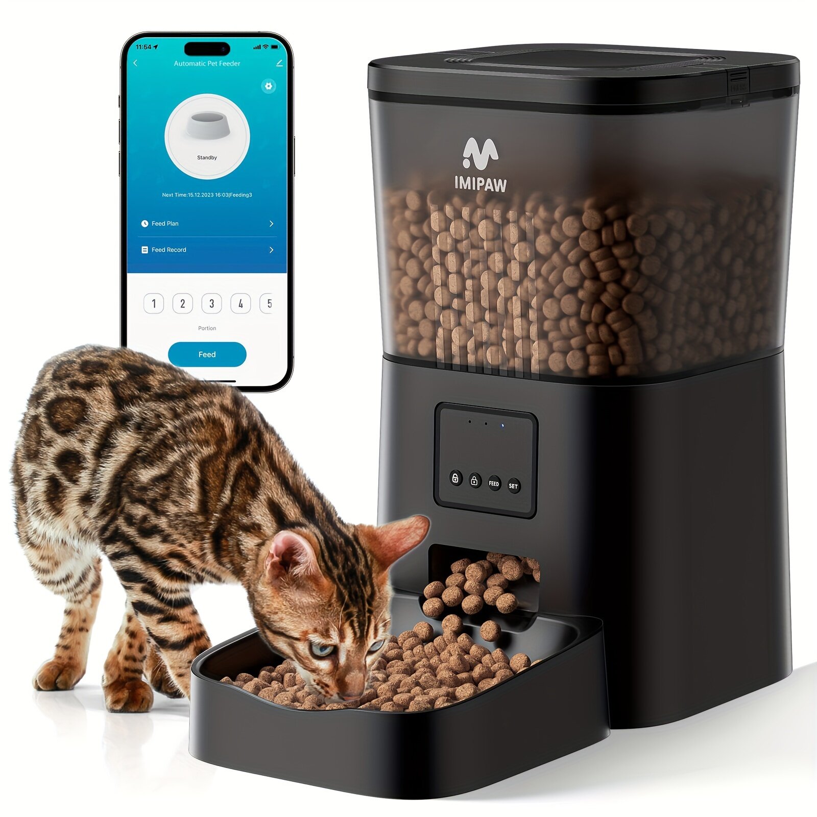 1 умная WiFi-кормушка IMIPAW для кошек, автоматический дозатор корма на 4 литра/135 унций с управлением через приложение, кормление по таймеру для кошек и мелких собак, двойное питание (батарейки/USB)