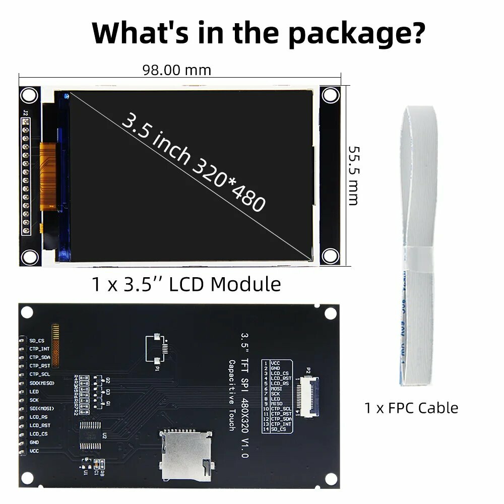 3,5-дюймовый цветной TFT LCD-экран с интерфейсом SPI, сенсорный IPS-дисплей ST7796 320*480 IPS для Esp32 и Arduino