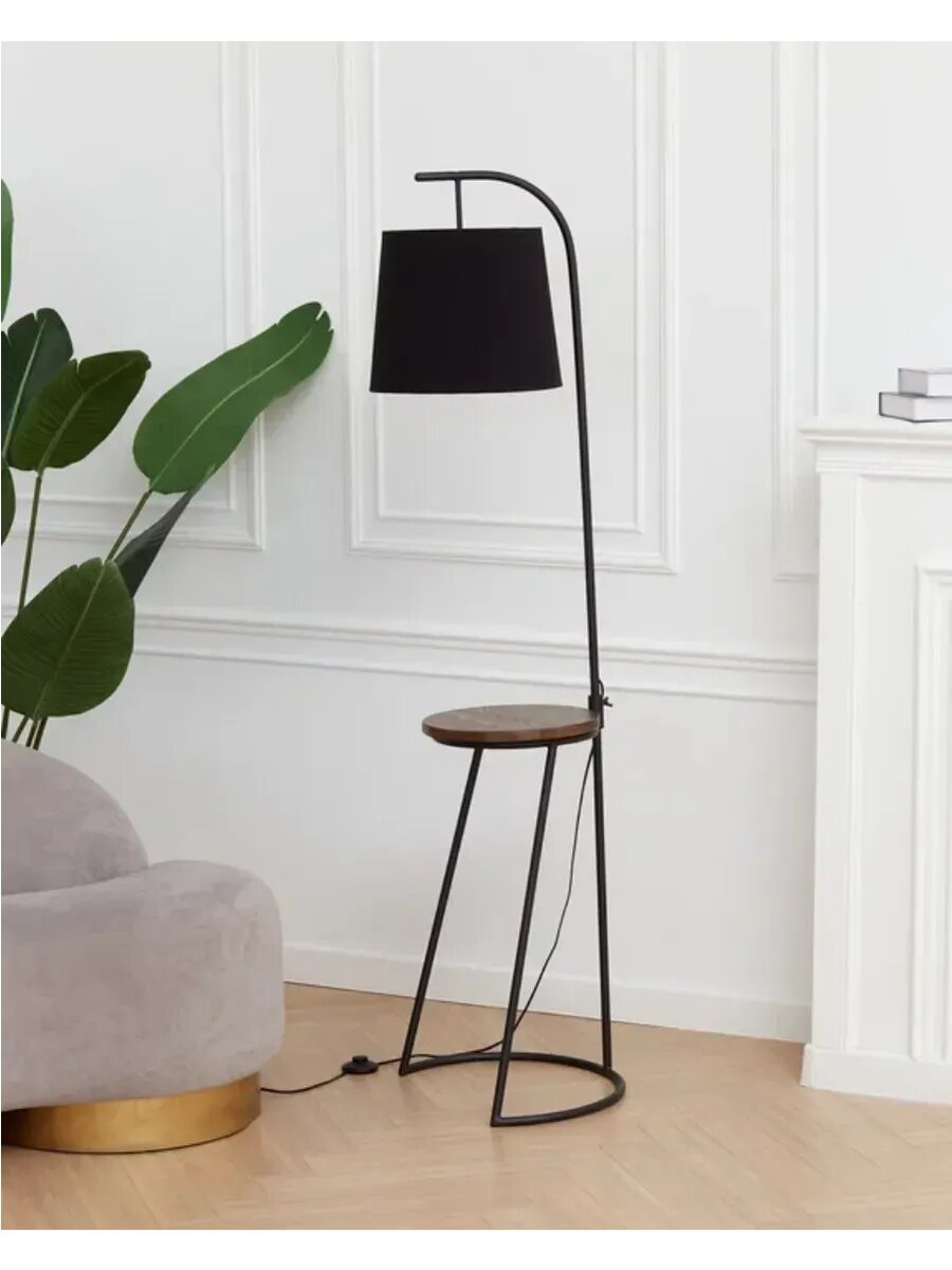 Торшер напольный черный с черным абажуром в стиле лофт со столиком, светильник напольный классический, Гермес, E27
