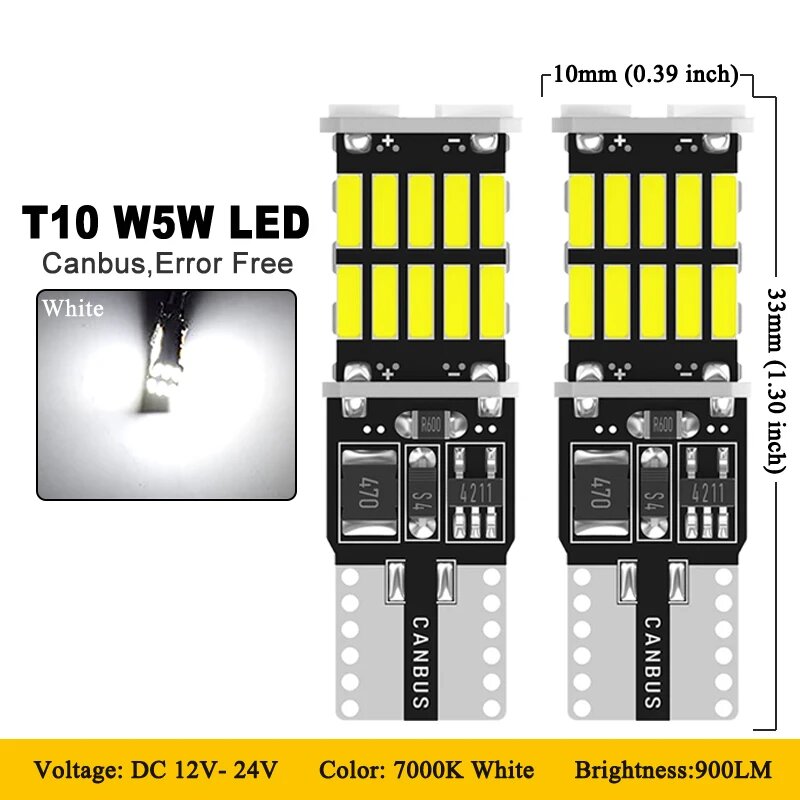 2 шт. T10 W5W LED Canbus Белые 7000K 900LM