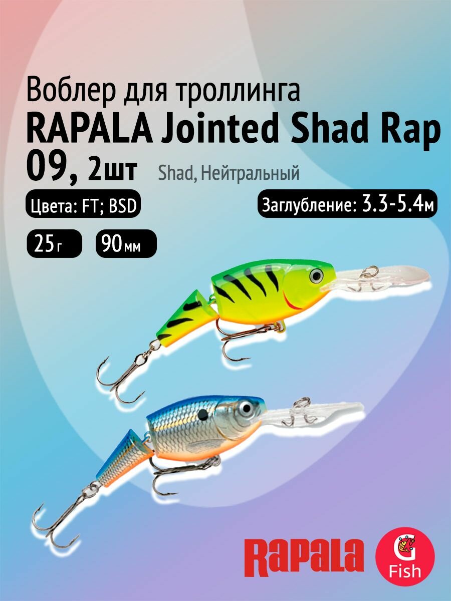 Комплект воблеров: 2 штуки RAPALA Jointed Shad Rap 09, 9см, 25г, цвета FT/BSD