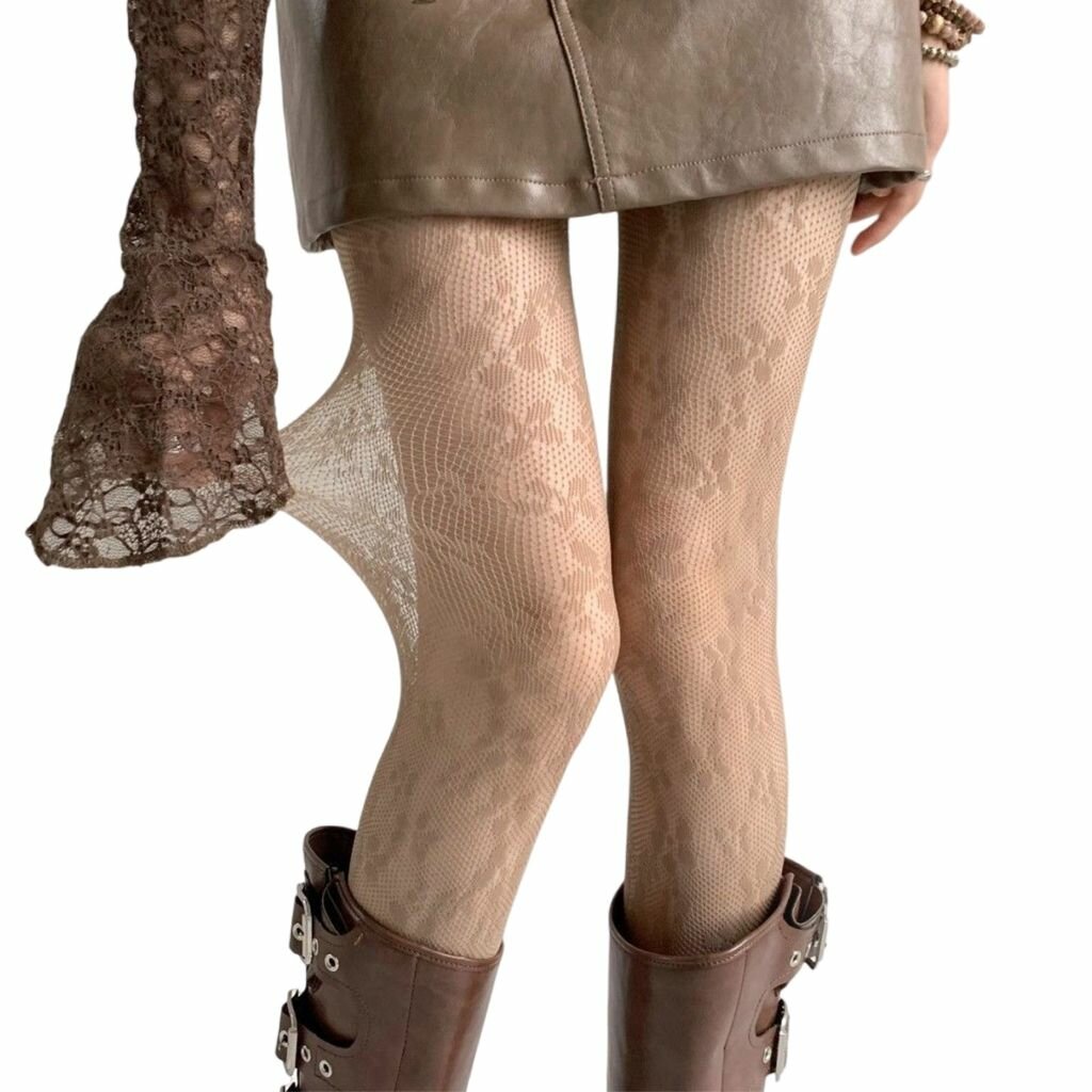 Кружевные сетчатые полые колготки с лепестками, чулки-Коричневый