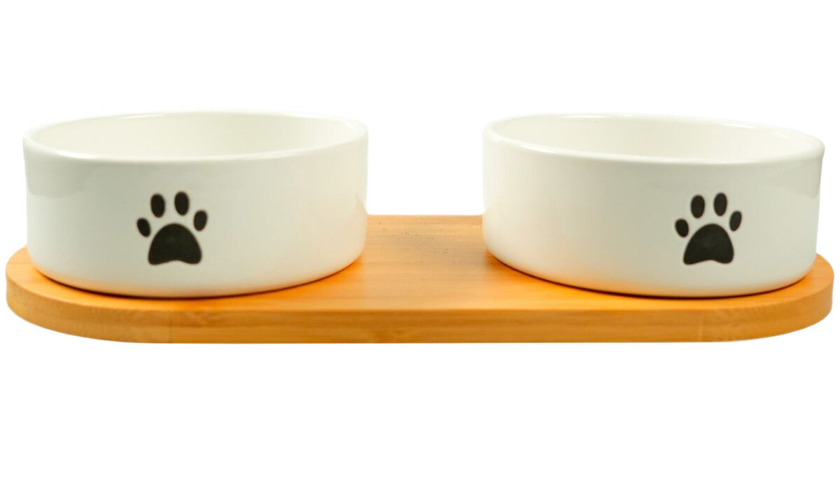 Миска керамическая на подставке Mr.Kranch Bamboo двойная белая 2 х 350 мл