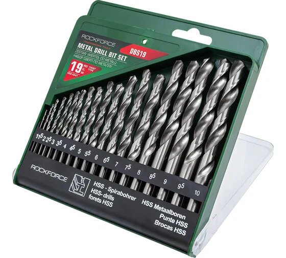Набор сверл по металлу Rockforce HSS, 19 предметов(1/1.5/2/2.5/3/3.5/4/4.5/5/5.5/6/6.5/7/7.5/8/8.5/9/9.5/10мм), в пластиковом футляре RF-DBS19(29135)