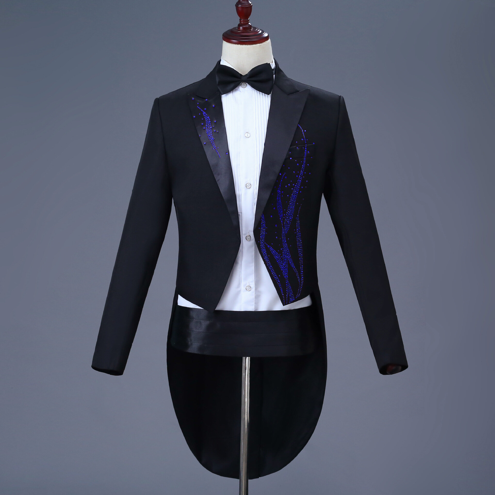 Костюм, мужской, с бриллиантами, черный, королевский синий, S, рост 165, вес 110 кг