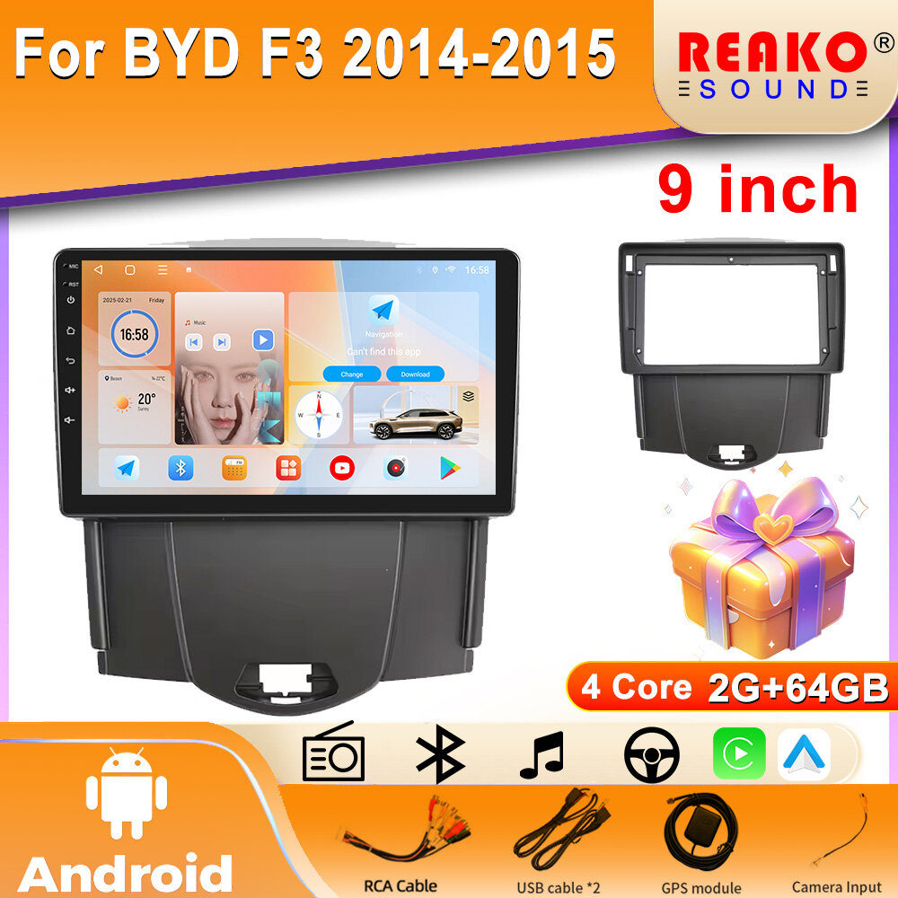 Магнитола для BYD F3 2014-2015 , с камерой заднего вида. IPS экран 9 дюймов, Wifi 2din с сенсорным экраном, usb и блютузом.